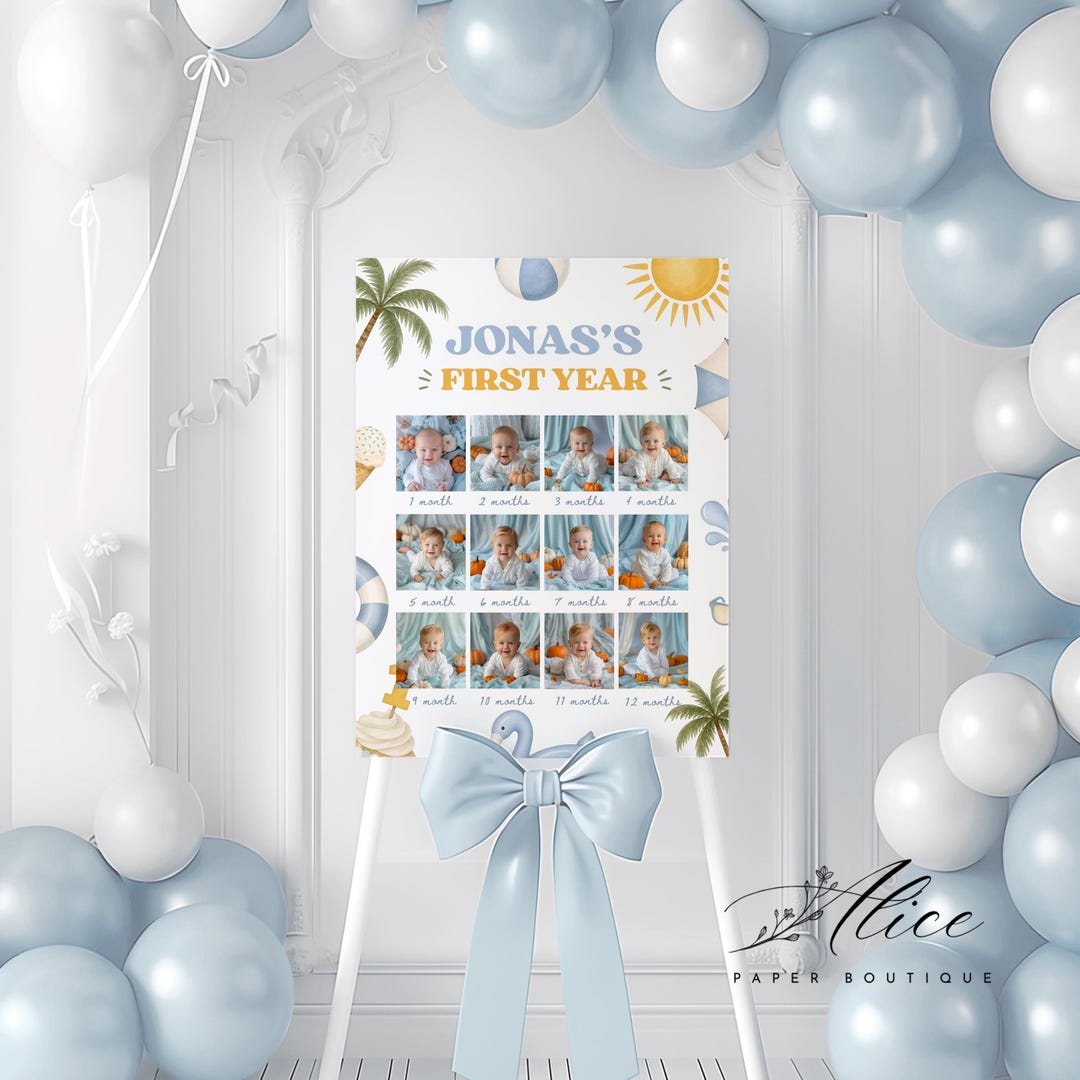 Editable 1st Birthday Photo Board, Boy First Year Poster, Canva ...