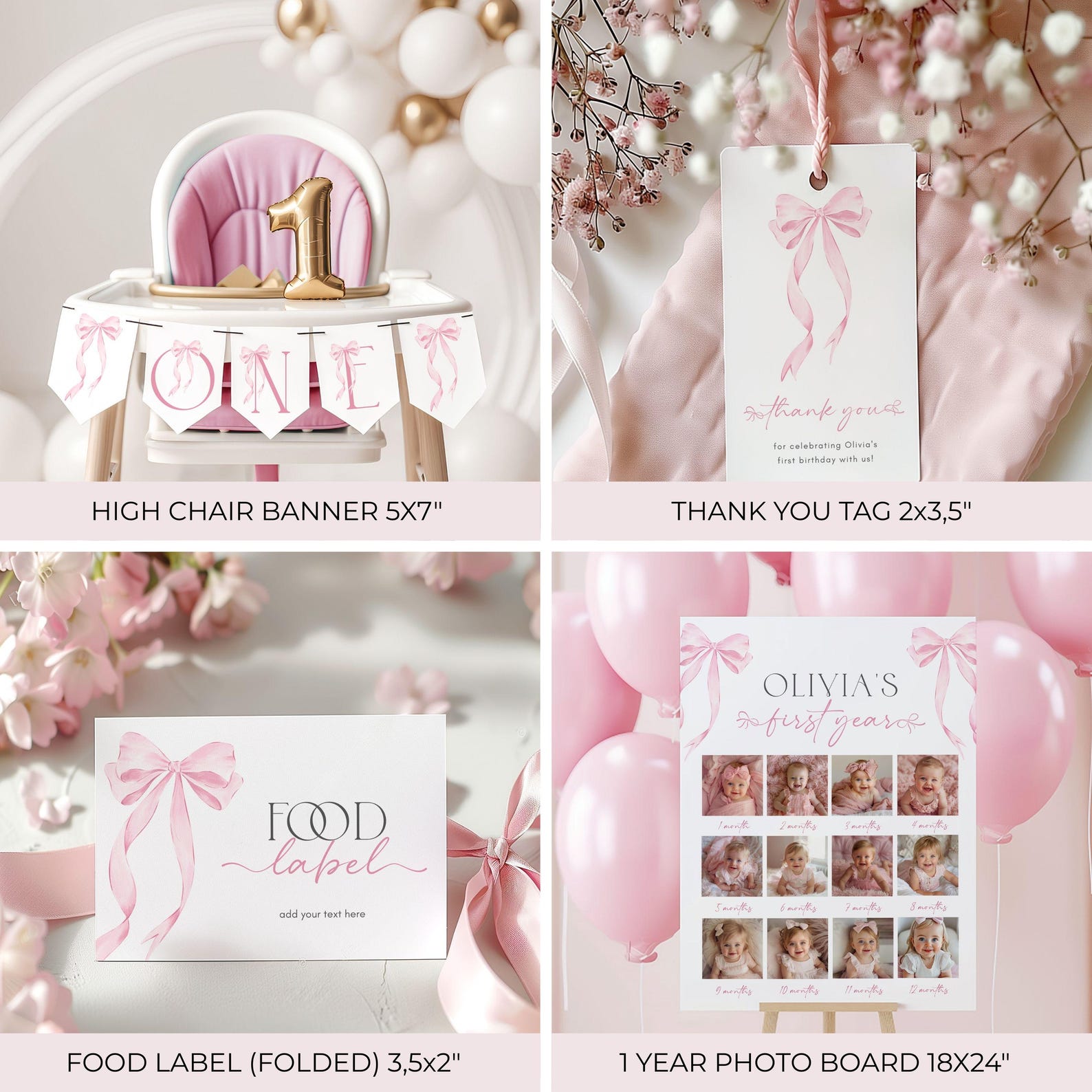 Pink Bow 1st Birthday Invitation Bundle, Girl Birthday Pink Coquette ...