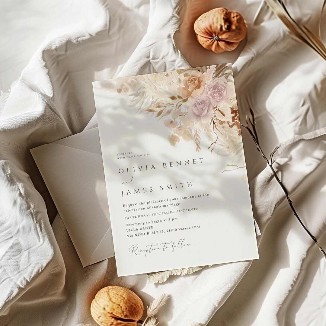 Boho Elegant Floral Wedding Invitation Template, Minimalist Wedding ...