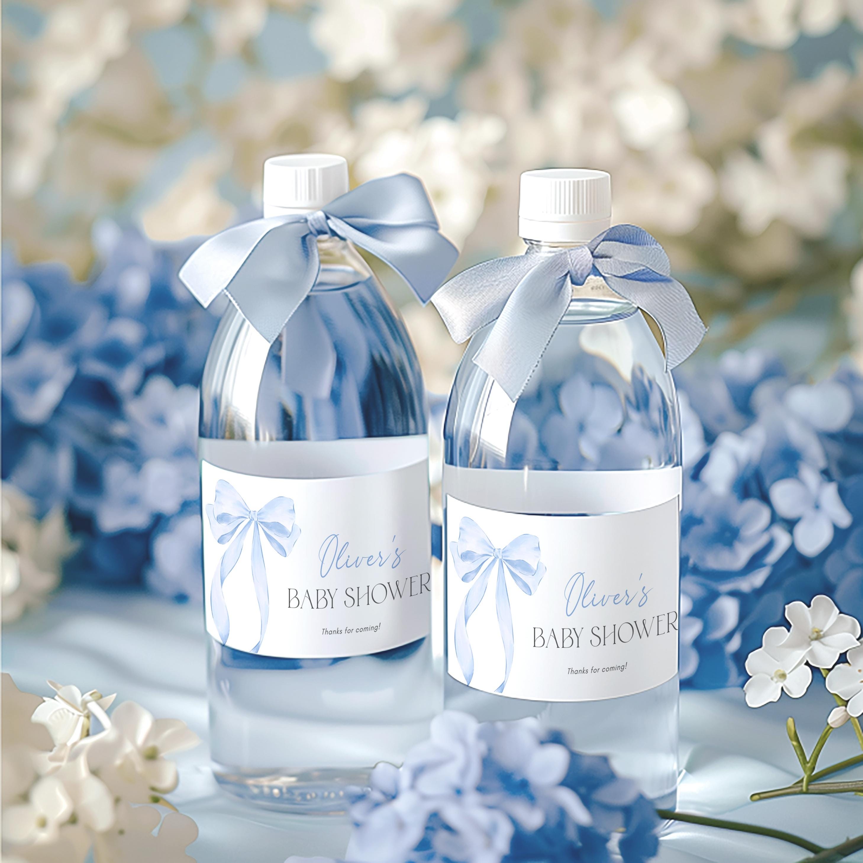 Blue Bow Water Bottle Label Printable, Blue Coquette Baby Shower Water ...