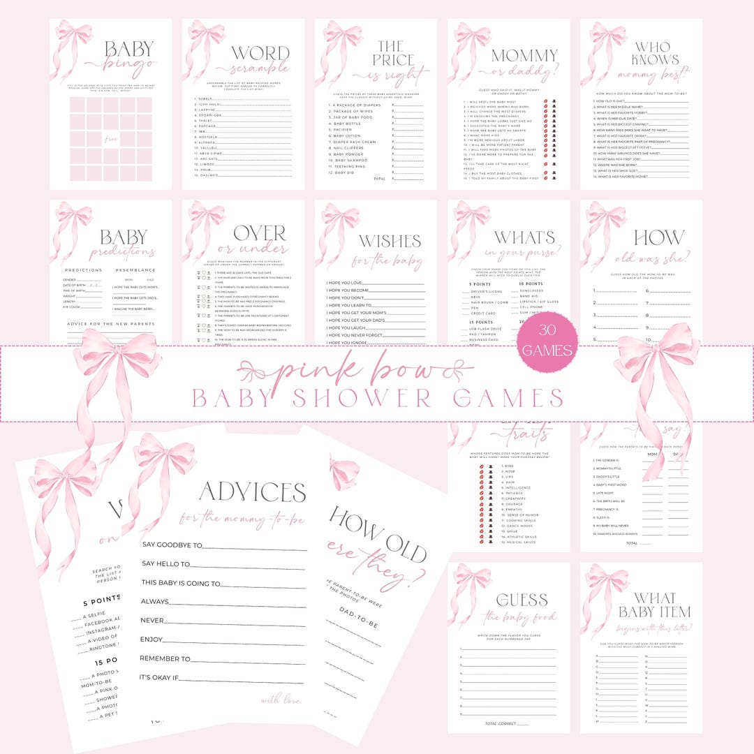 Pink Bow Baby Shower Games, Pink Coquette Games Printable, Blush Pink ...