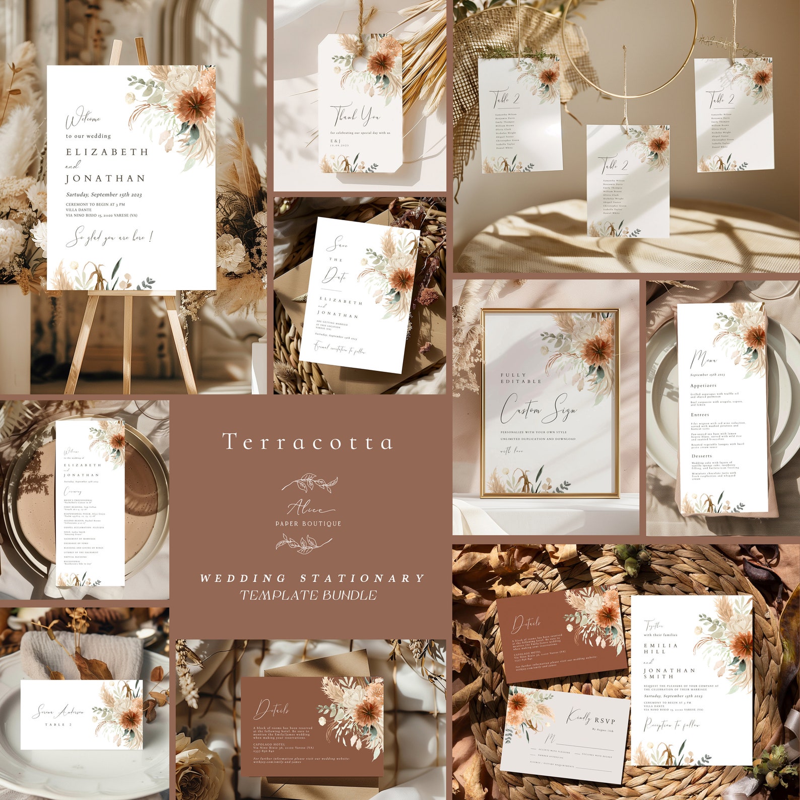 Boho Terracotta Floral Wedding Invitation BUNDLE Template, Boho Dried ...