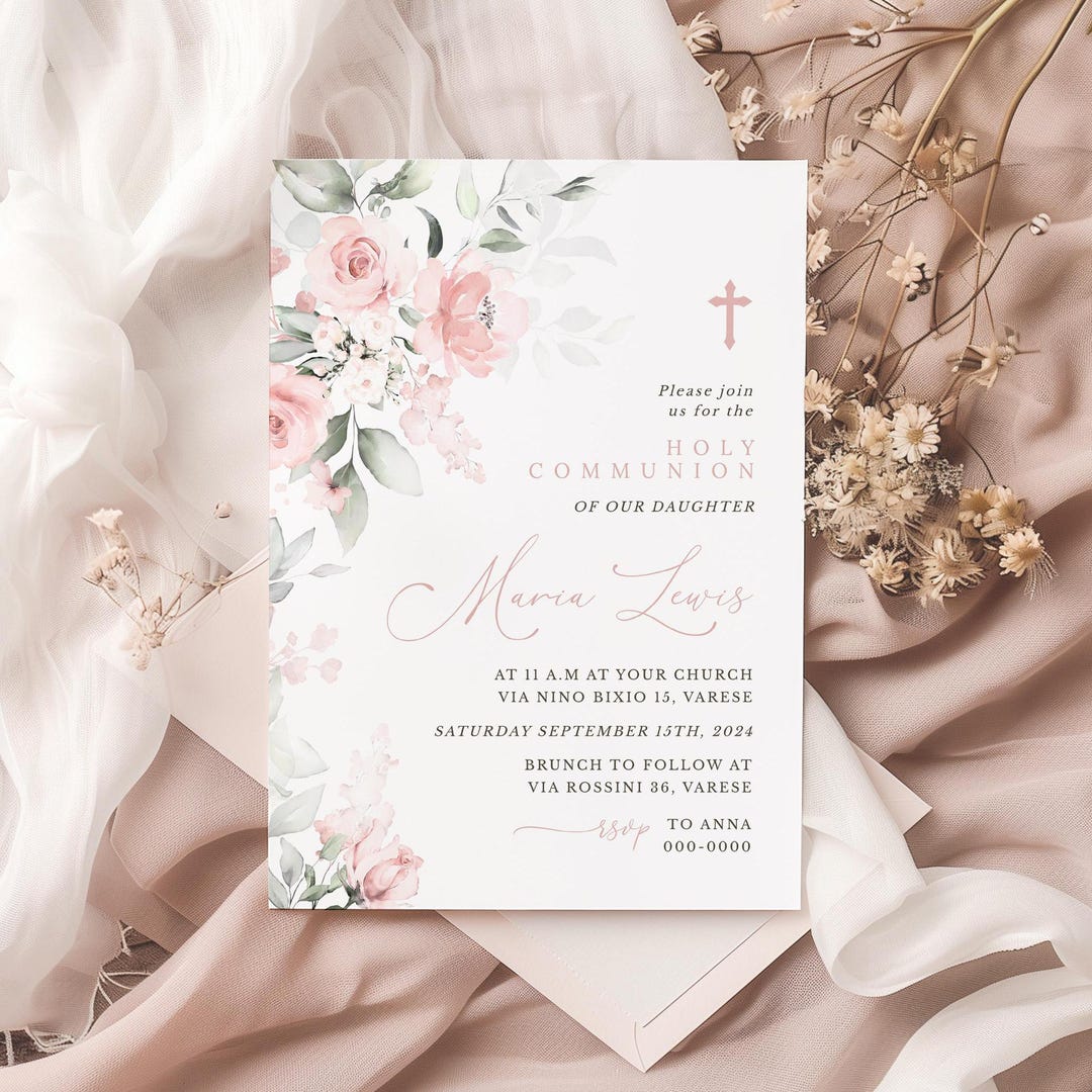 Pink First Holy Communion Invitation Template, Pink Floral Watercolor ...
