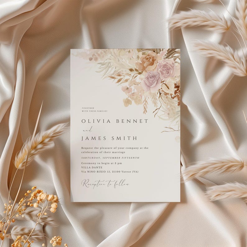 Boho Elegant Floral Wedding Invitation Template, Minimalist Wedding ...