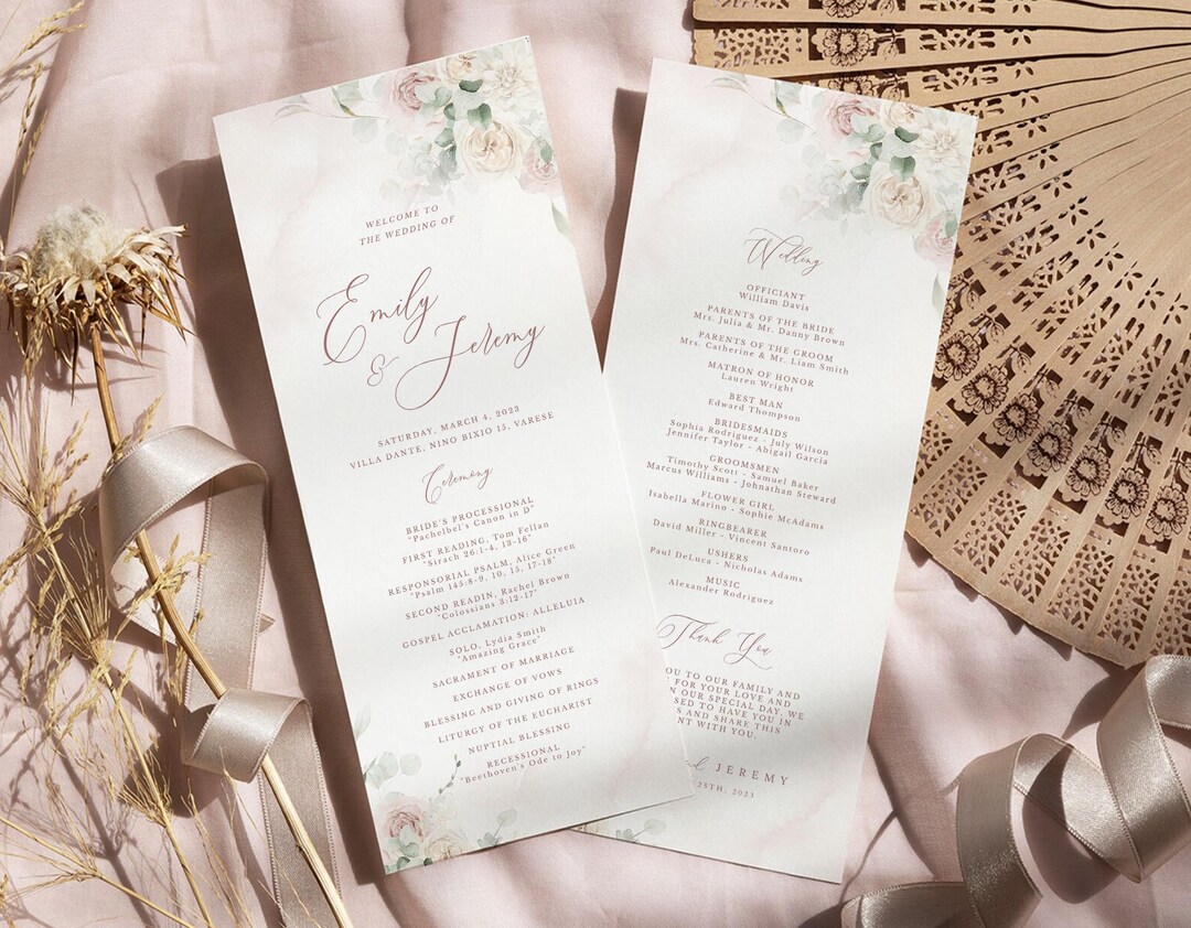Blush Pink Wedding Program Template, Soft Pink Rose Wedding Itinerary ...