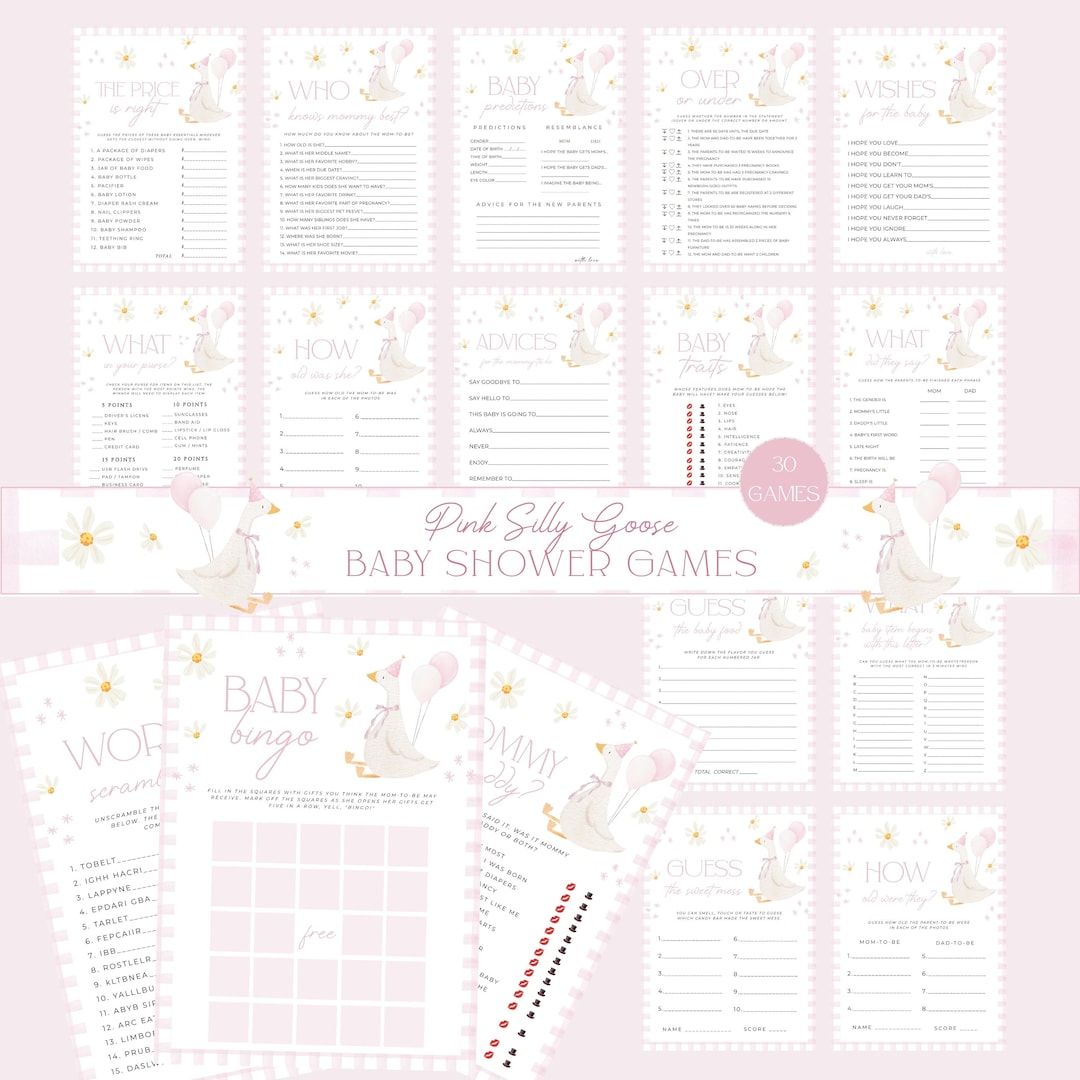 Silly Goose Baby Shower Games, Pink Gingham Games Printable, Dusty Pink ...