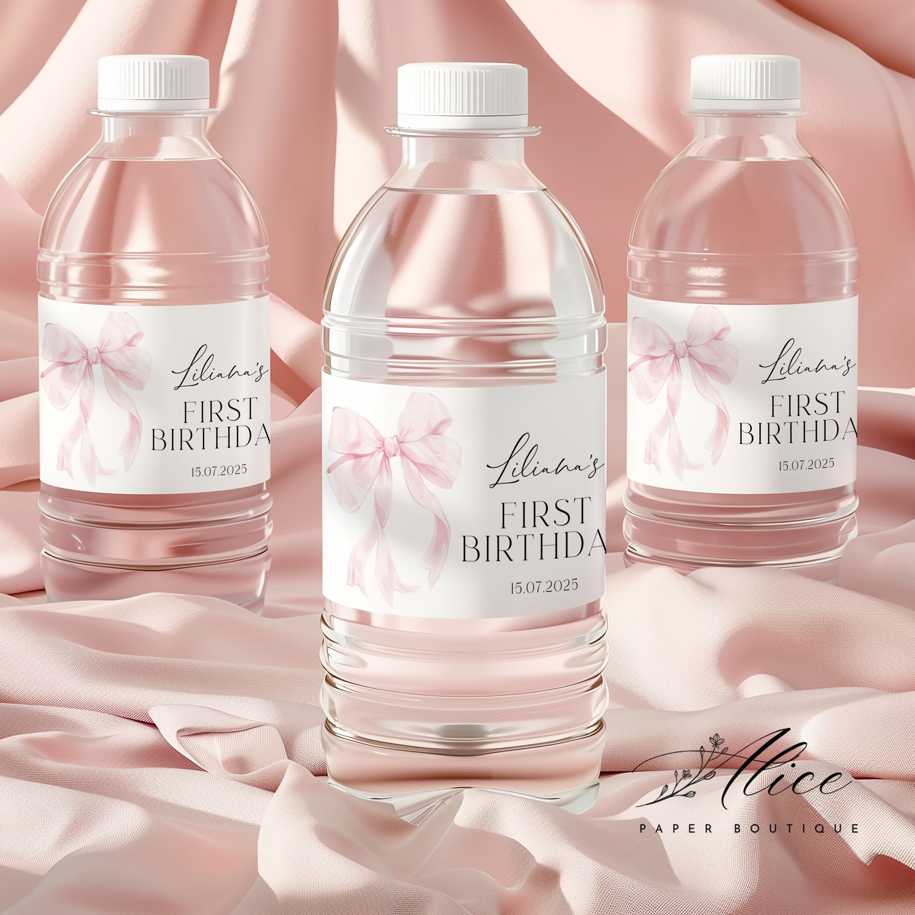 Pink Bow Water Bottle Label Printable, Pink Coquette 1st Birthday Water ...