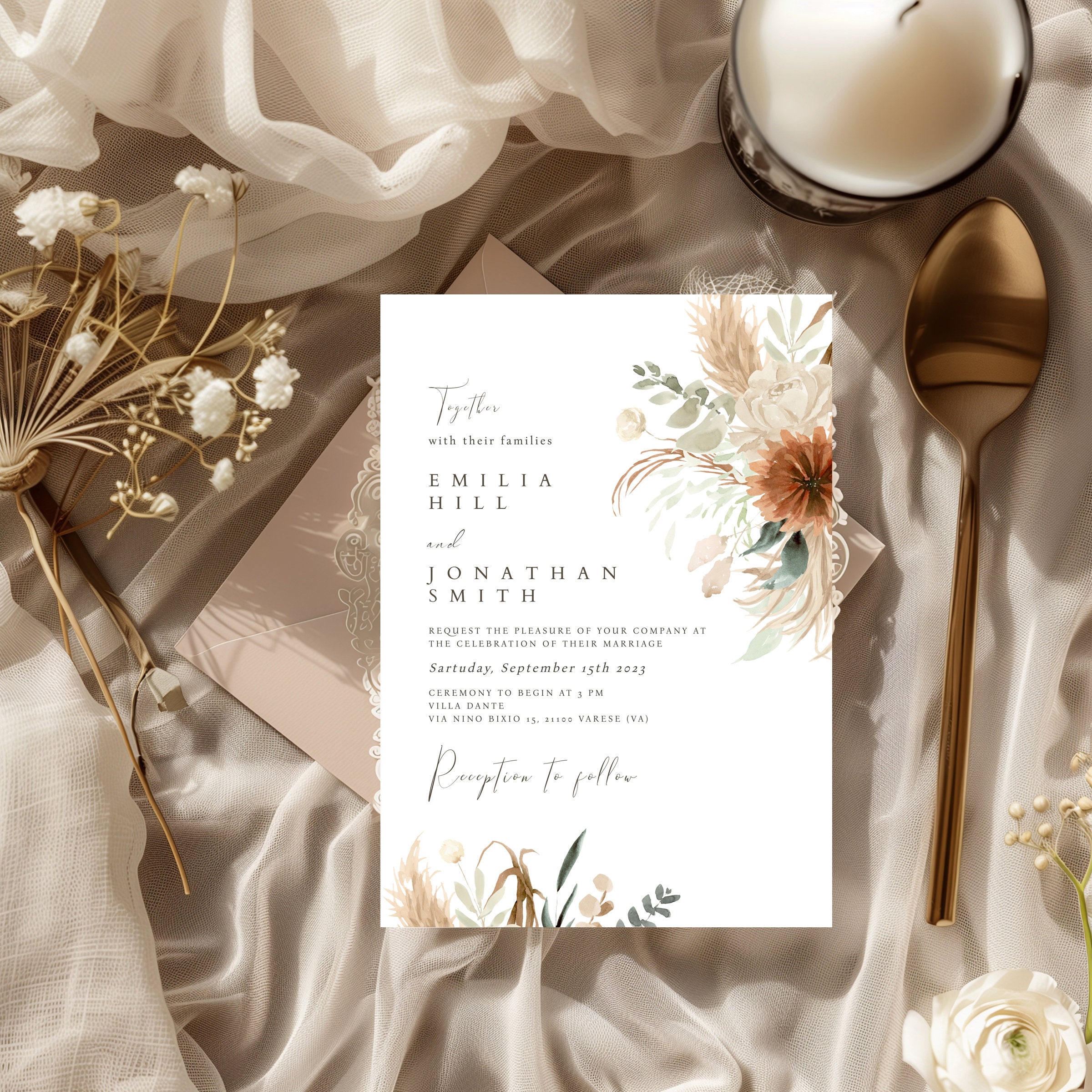 Boho Terracotta Floral Wedding Invitation BUNDLE Template, Boho Dried ...