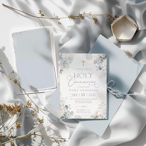 Blue First Holy Communion Invitation Template, Dusty Blue Floral ...