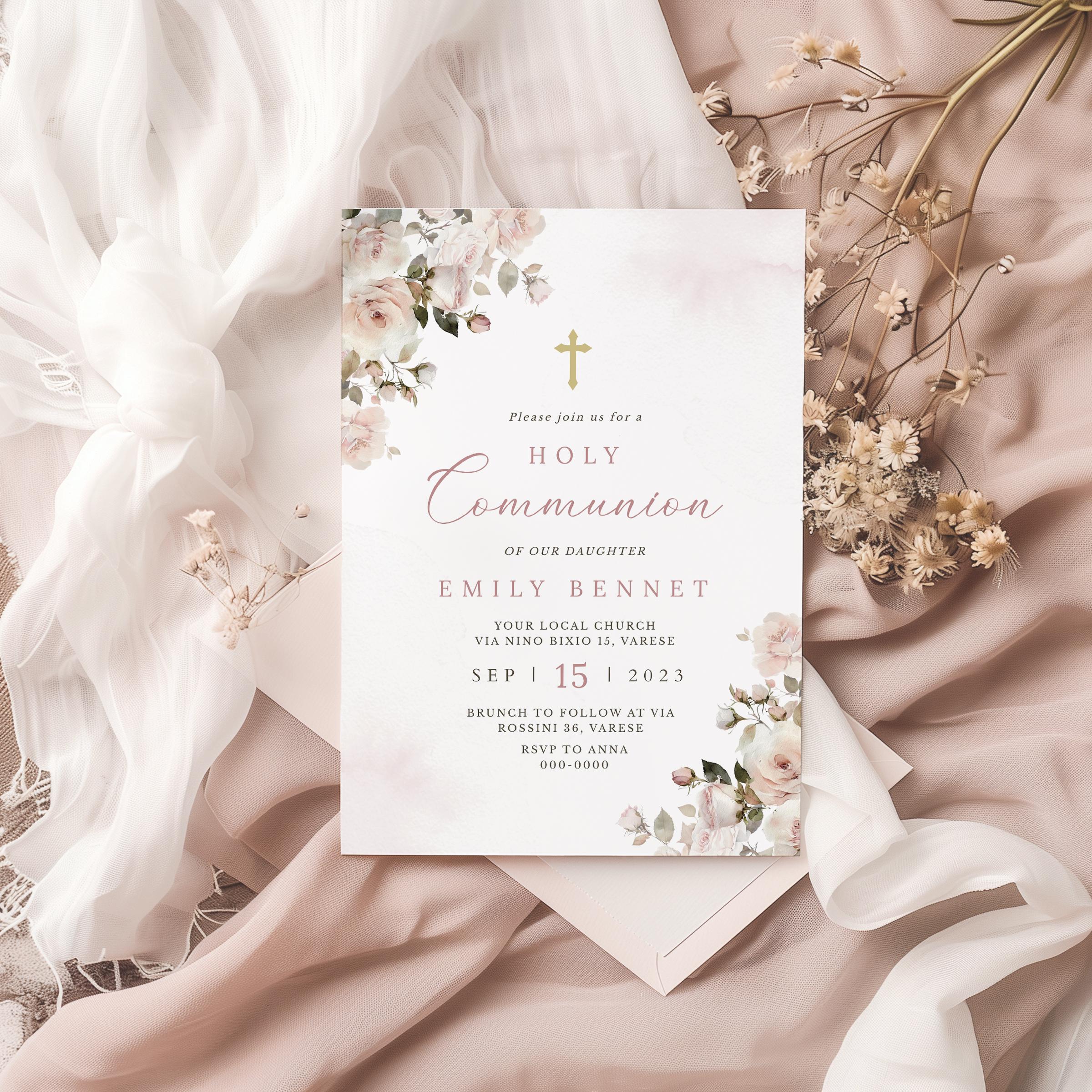 Pink First Holy Communion Invitation Template, Pink Floral Watercolor ...