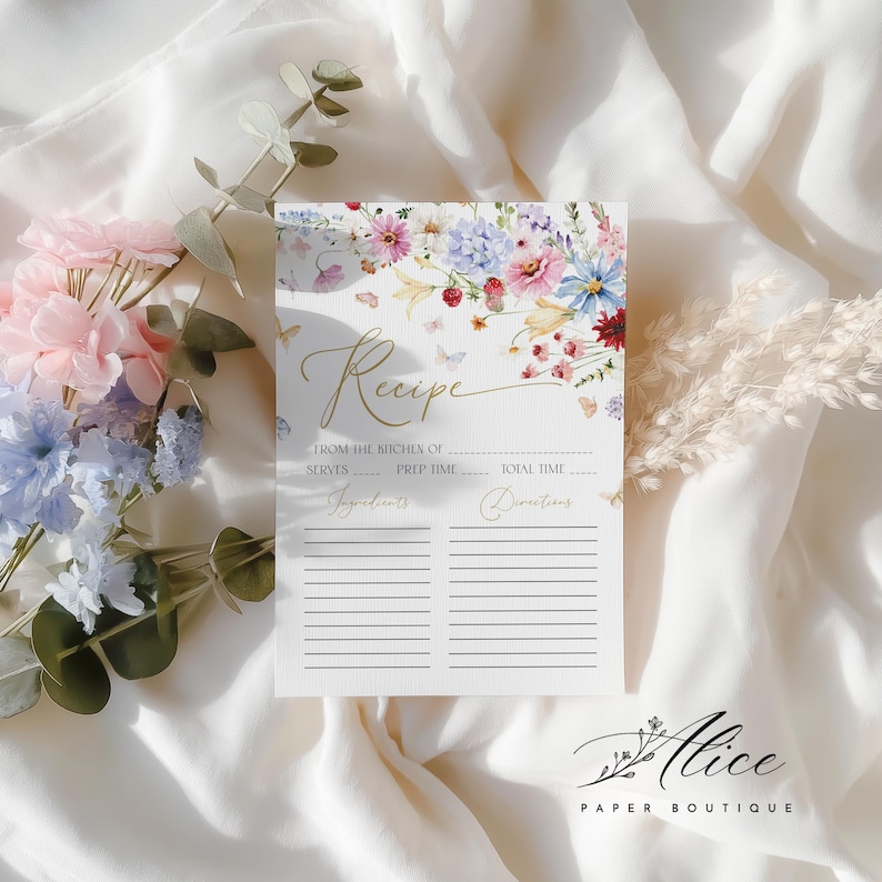Love in Bloom Recipe Card, Floral Bridal Shower Kitchen Template ...