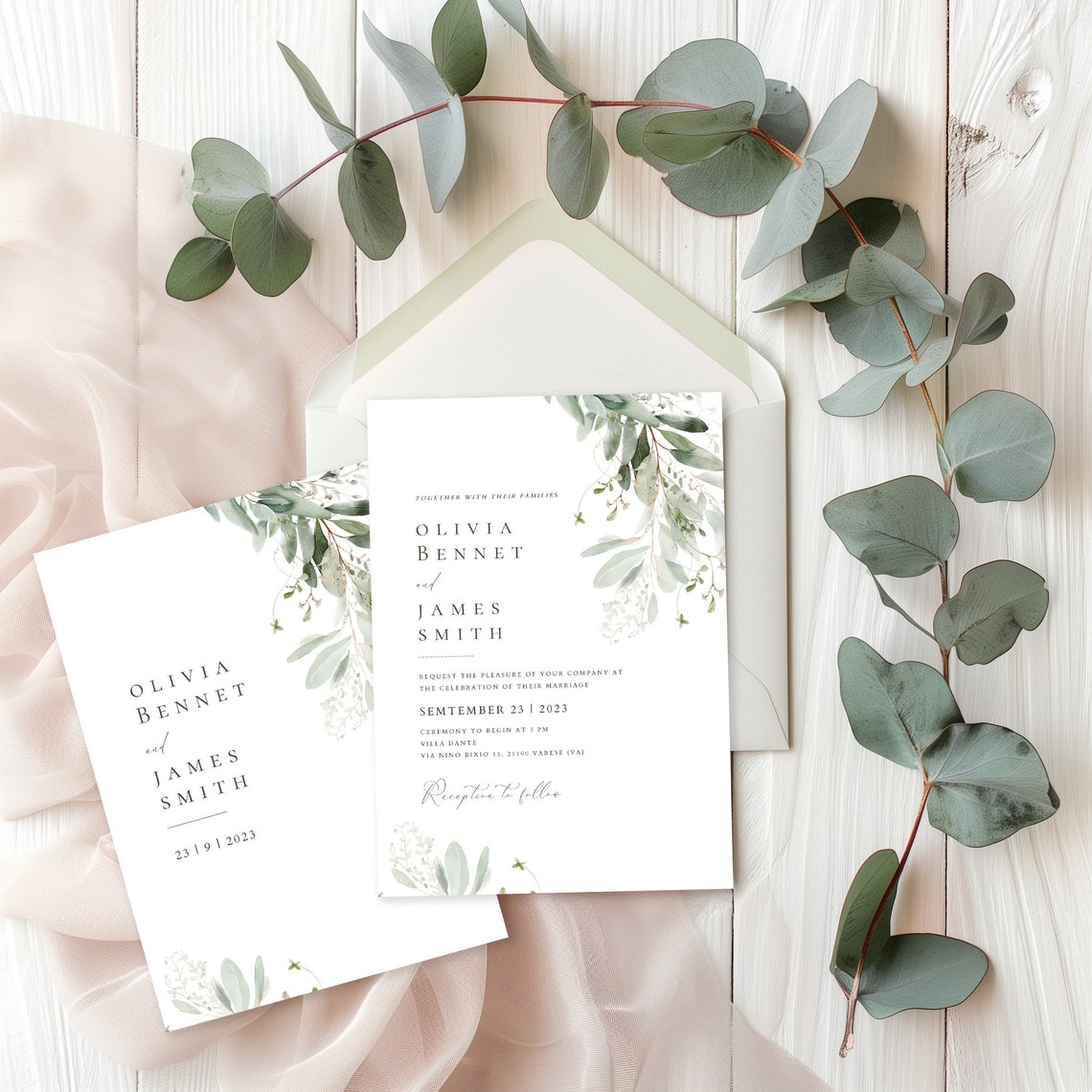 Sage Green Wedding Invitation Template, Minimalist Wedding, Eucalyptus ...