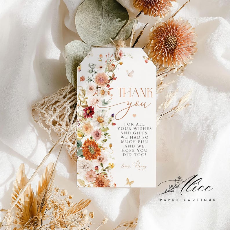 Autumn Floral Bridal Shower Thank You Tag, Terracotta Fall Wedding ...