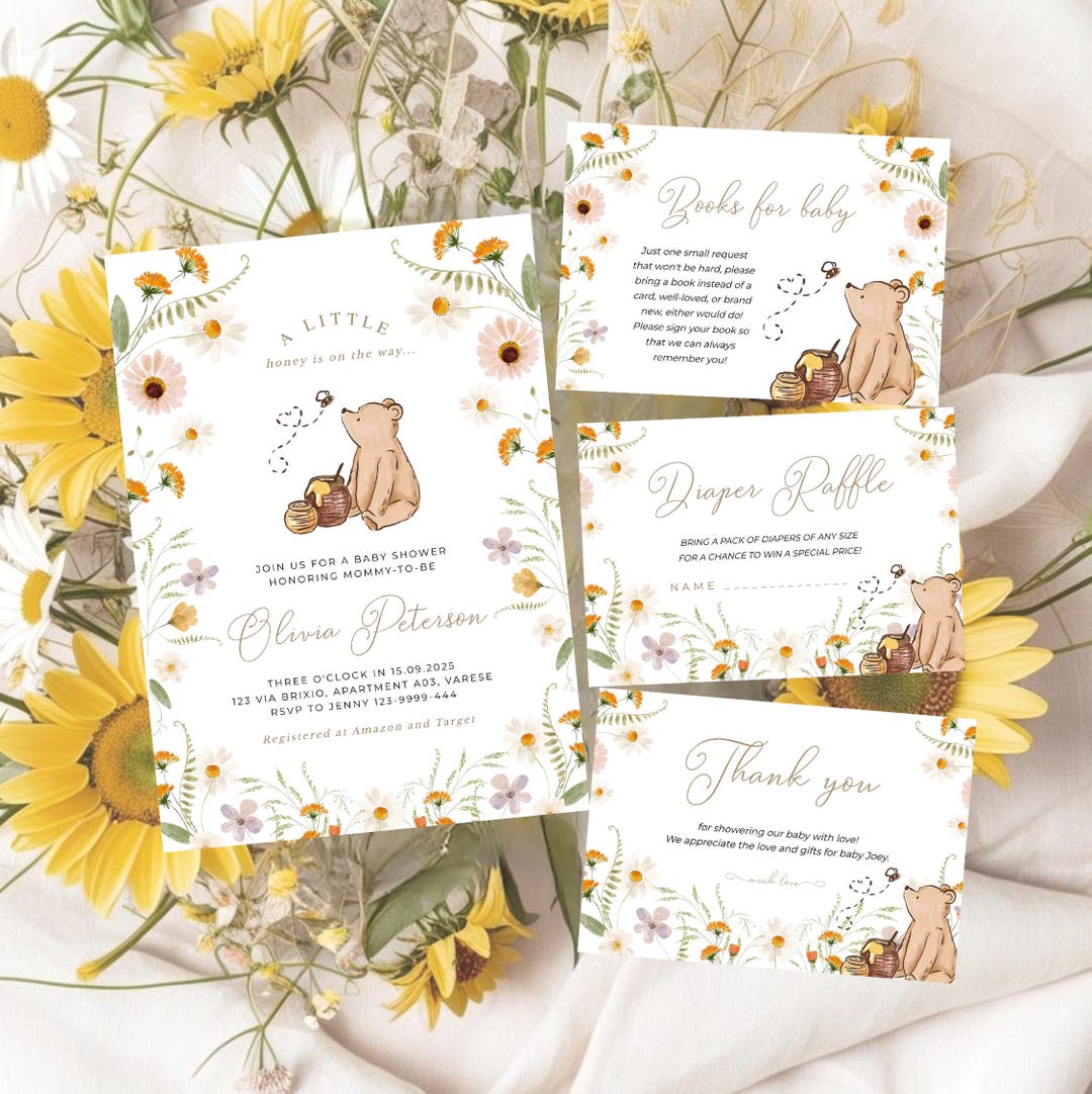 Little Honey Bear Baby Shower Invitation Bundle , Neutral Gender Baby ...