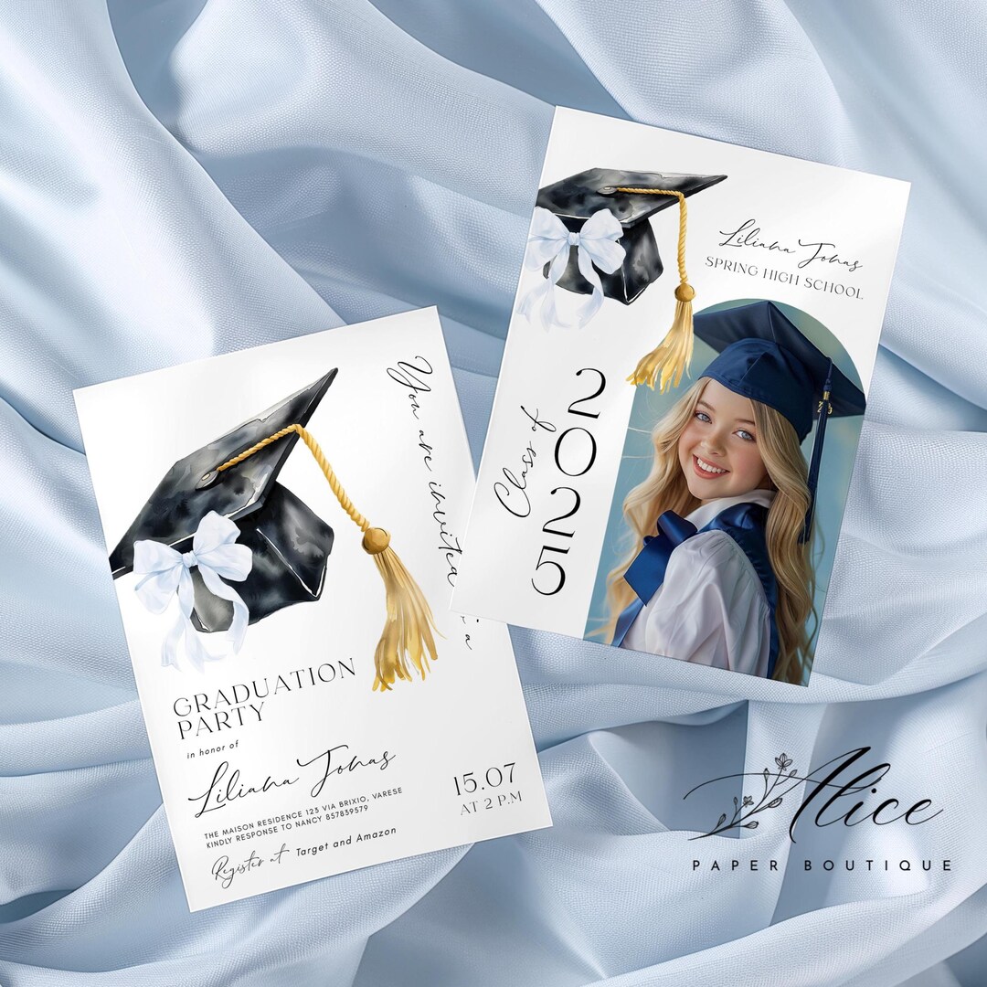 Blue Bow Graduation Invitation, Photo Senior Grad Party Invite ...