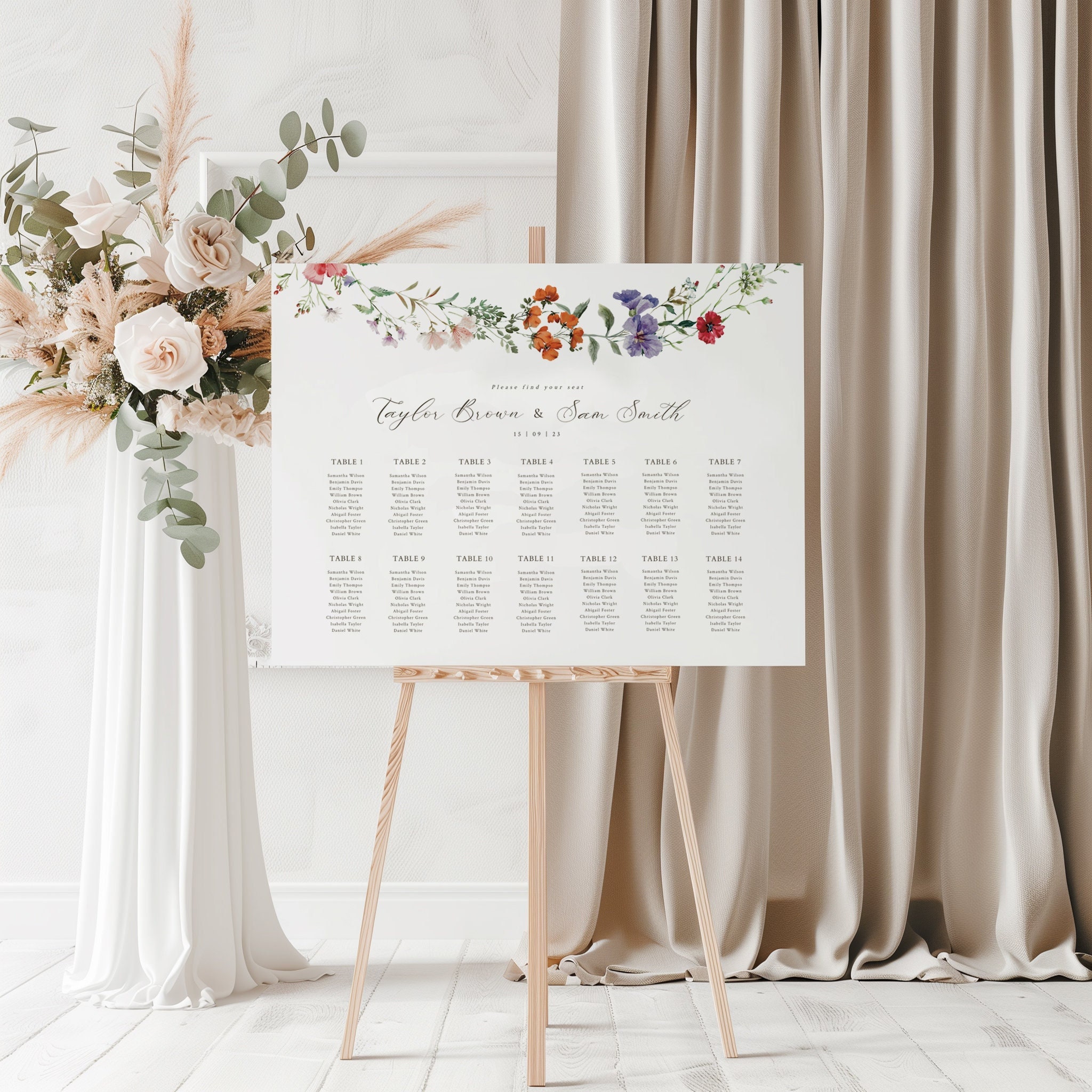 Elegant Wild Floral Wedding Seating Chart Template, Wild Flower Wedding ...