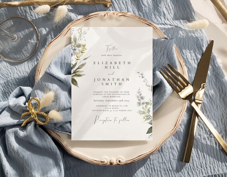 Classic BLUE Flower Wedding Invitation Template, Minimalist Wedding ...