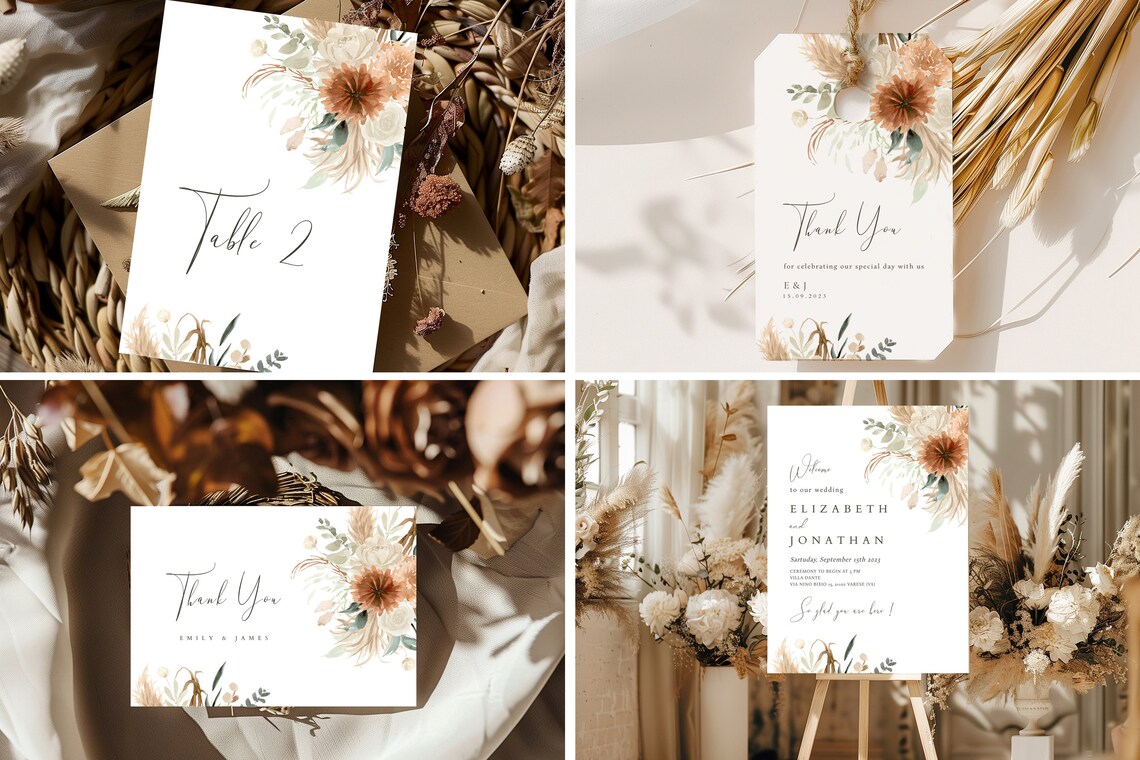 Boho Terracotta Floral Wedding Invitation BUNDLE Template, Boho Dried ...