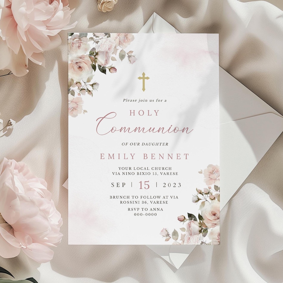 Pink First Holy Communion Invitation Template, Pink Floral Watercolor ...
