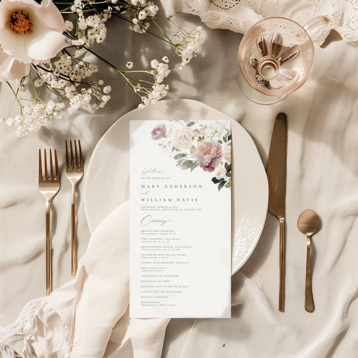 Elegant Floral Wedding Programs Template, Violet Flower Editable ...