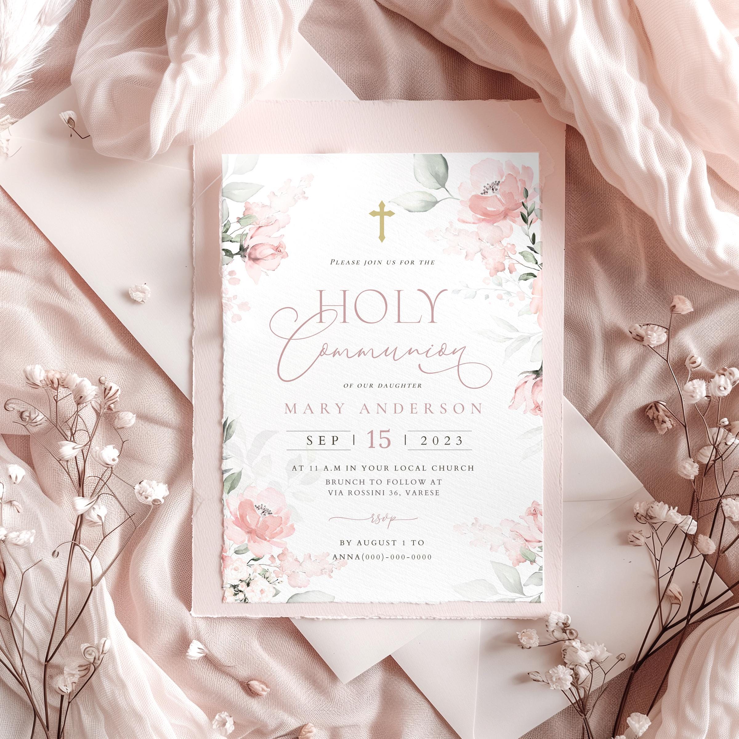 Pink First Holy Communion Invitation Template, Pink Floral Watercolor ...
