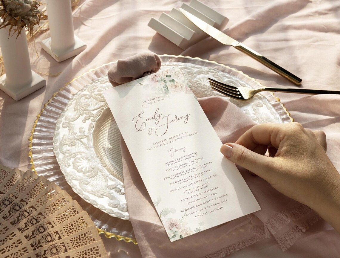 Blush Pink Wedding Program Template, Soft Pink Rose Wedding Itinerary ...