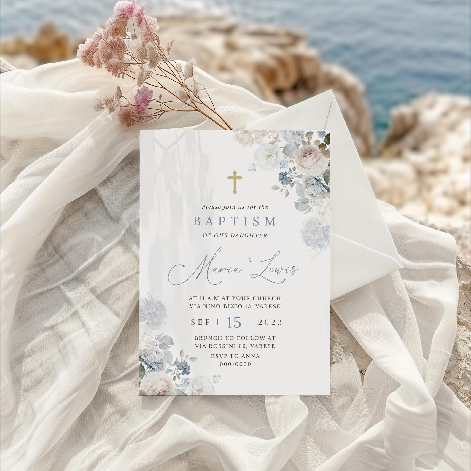 Blue Floral Baptism Invitation Template, First Communion (digital) - Etsy