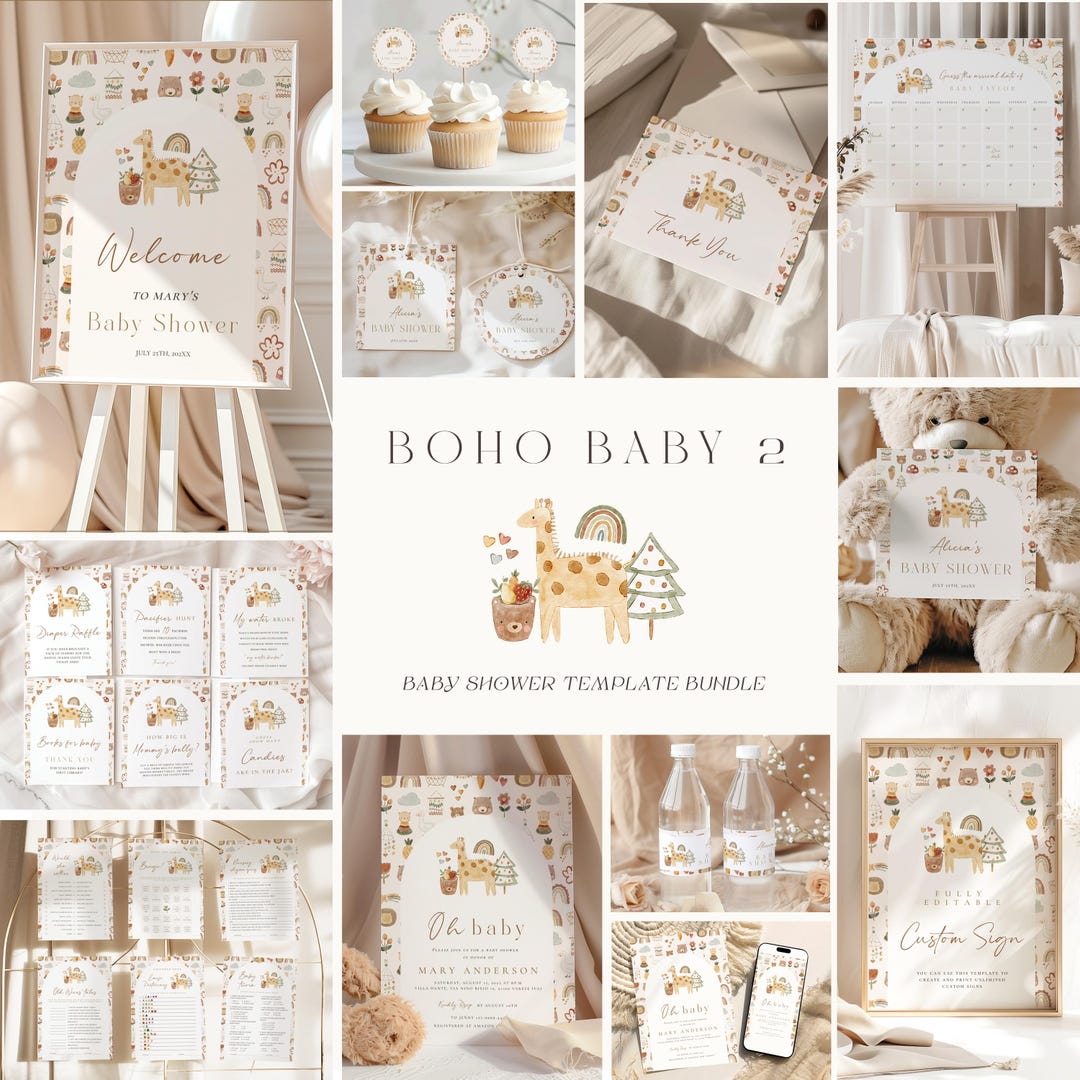Boho Cute Baby Shower FULL Bundle Template Set, Adorable Invi Printable ...