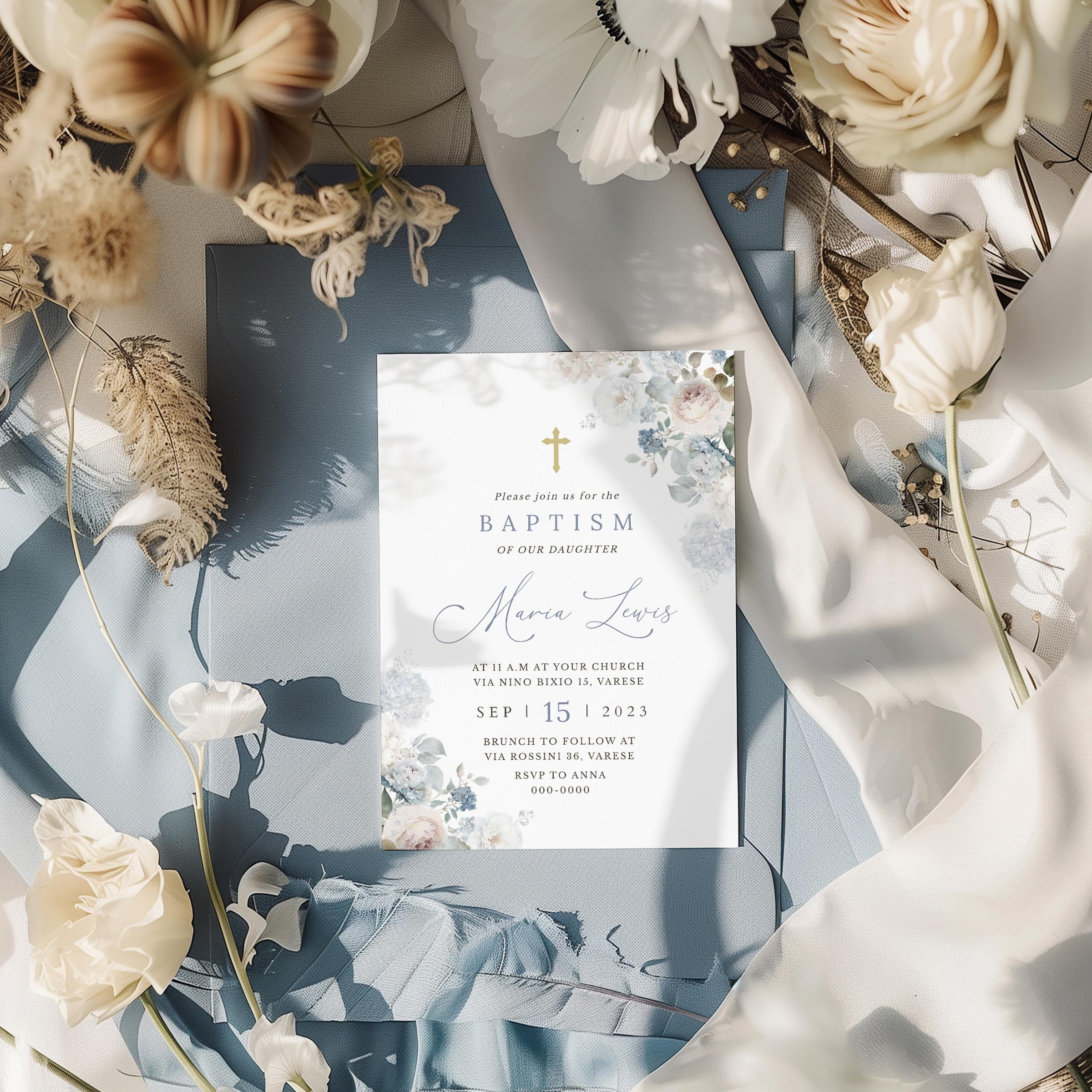 Blue Baptism Invitation Template, Dusty Blue Floral Watercolor First ...