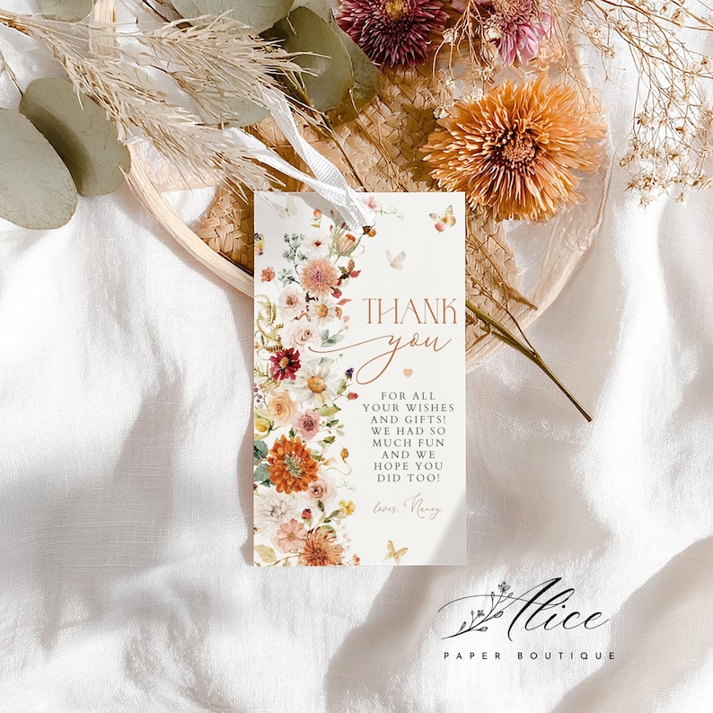 Autumn Floral Bridal Shower Thank You Tag, Terracotta Fall Wedding ...