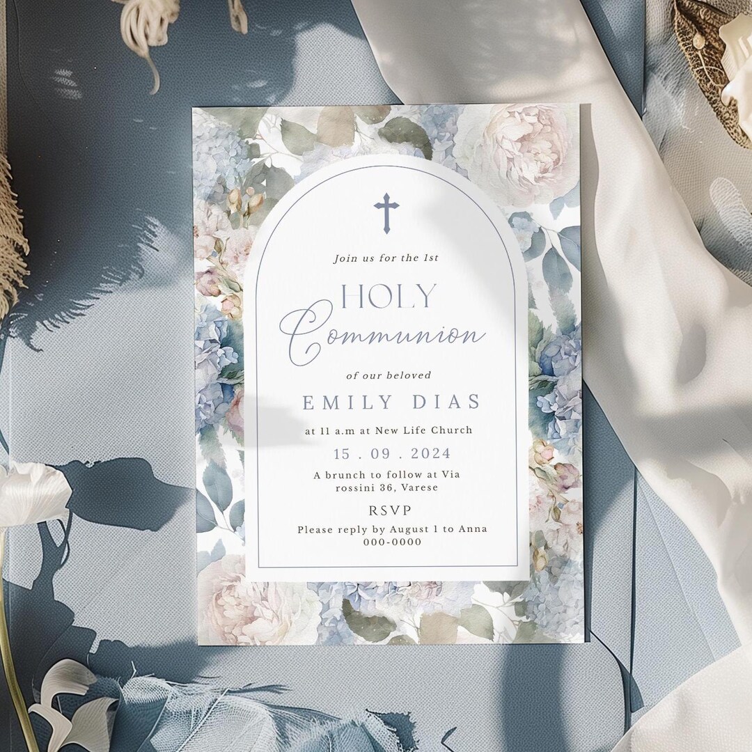 Blue First Holy Communion Invitation Template, Dusty Blue Floral ...