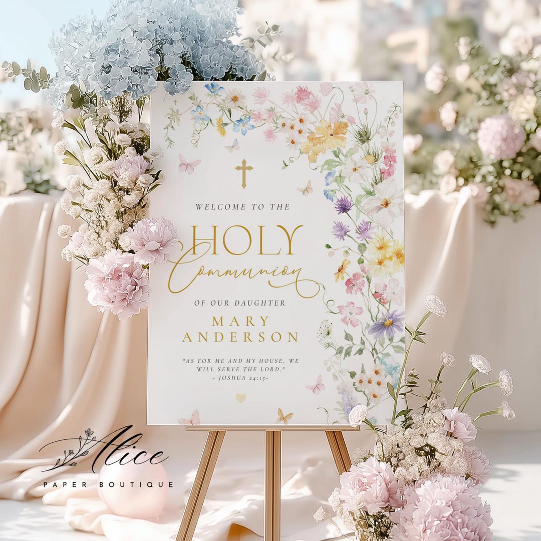 Floral Butterfly First Holy Communion Welcome Sign, Elegant Religious ...