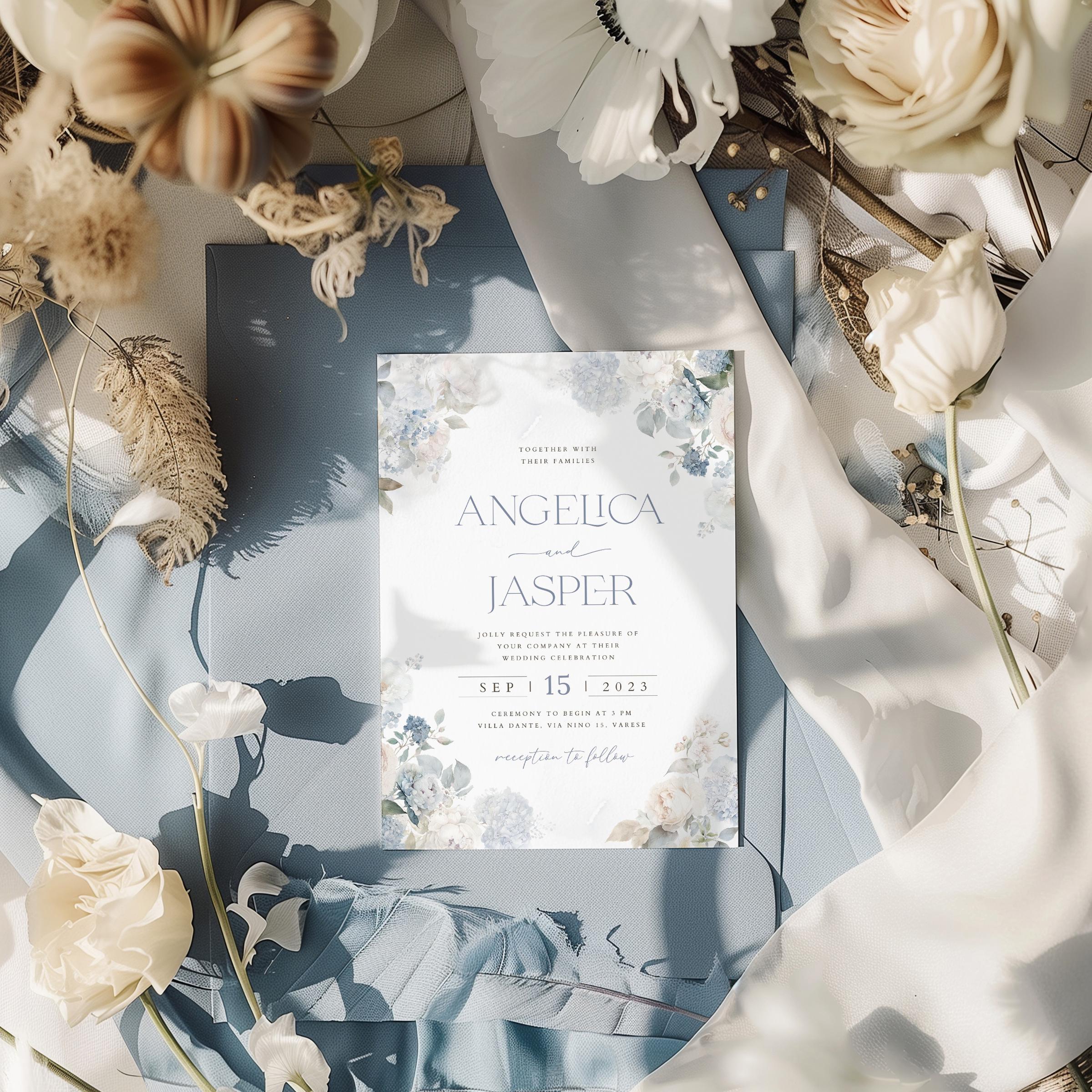 Classic Dusty Blue Flower Wedding Invitation Template, Minimalist ...