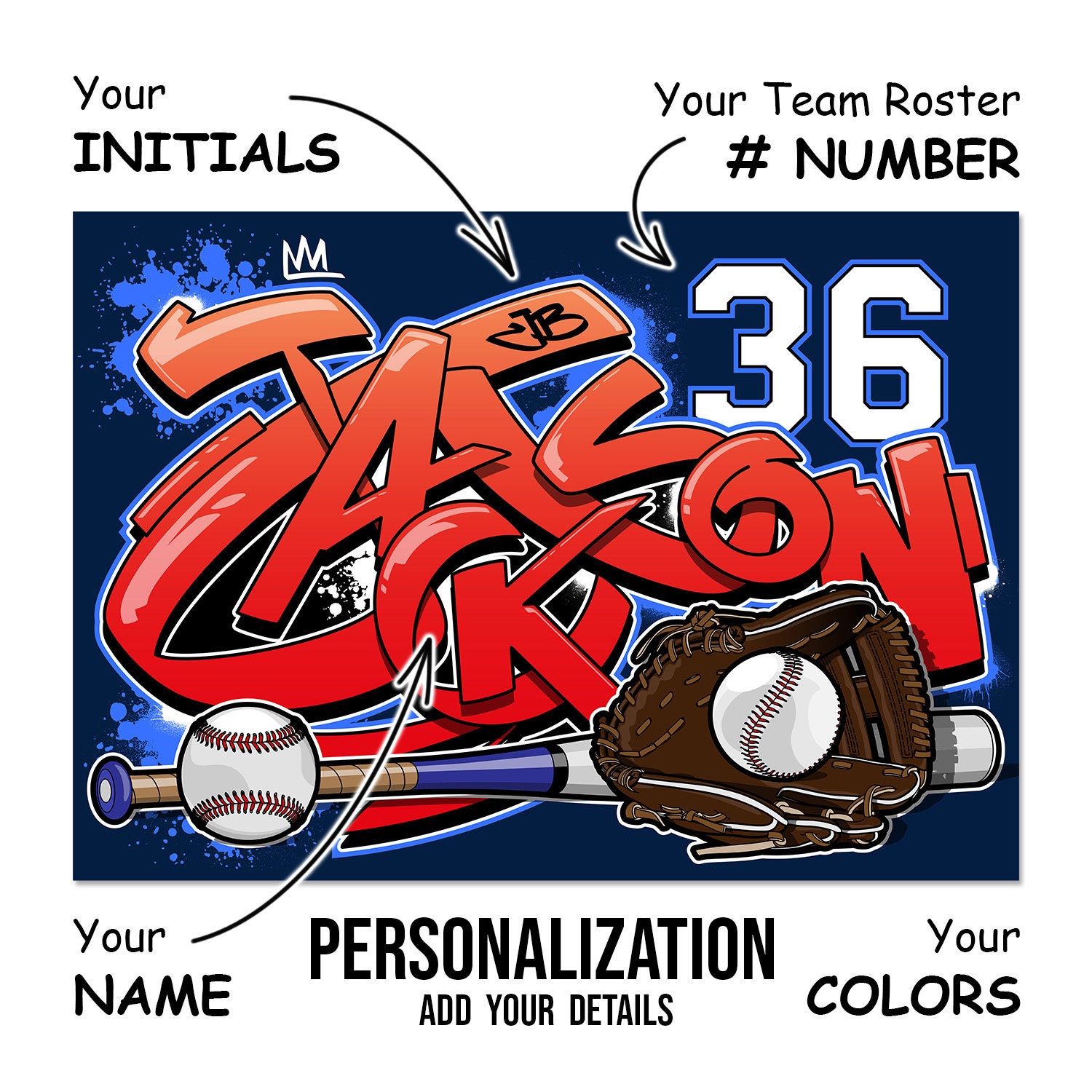 BASEBALL GRAFFITI POSTER Custom Personalized With Your Name and Team # ...