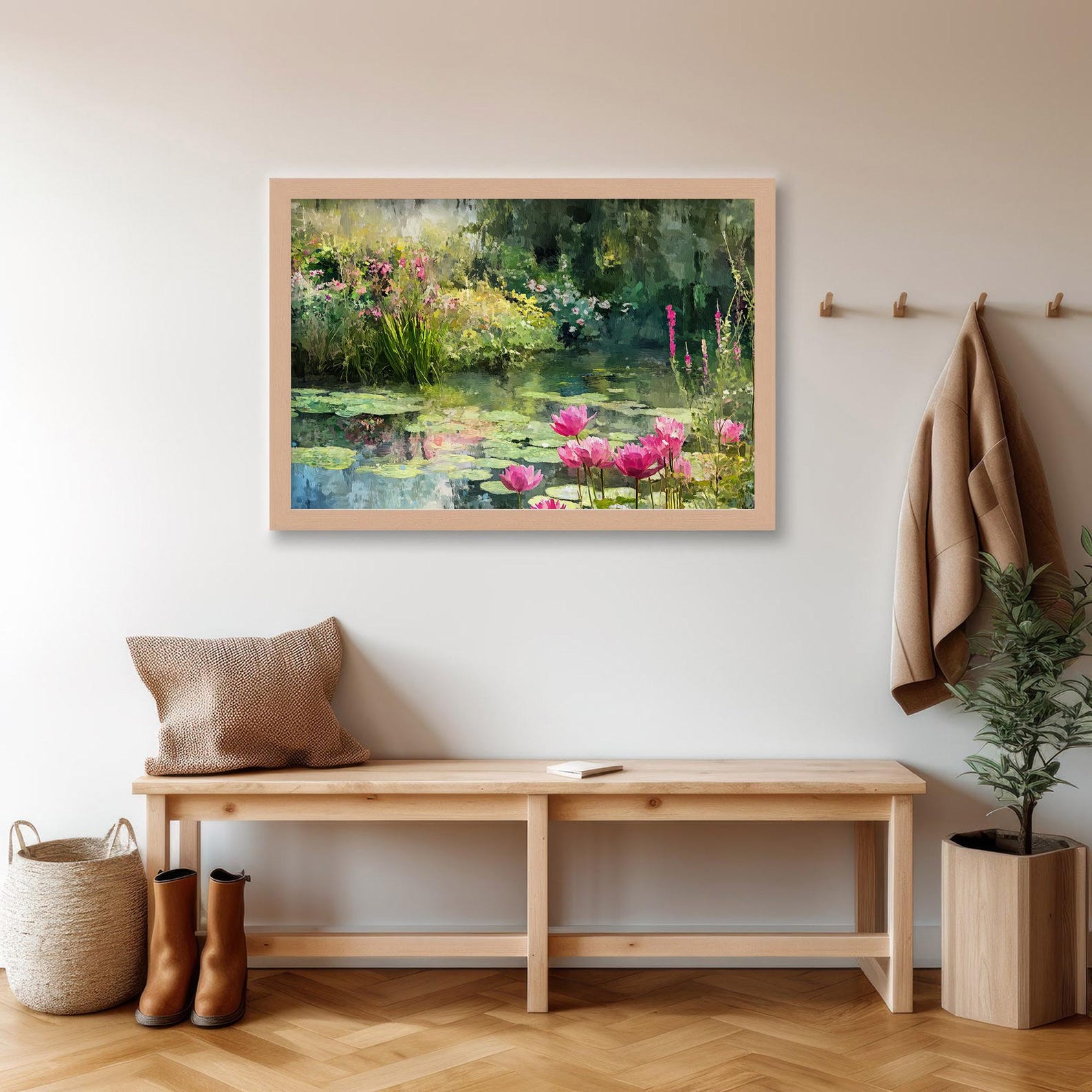 Impressionist Garden Pond Oil Painting, Pink Water Lillies Lake Art ...