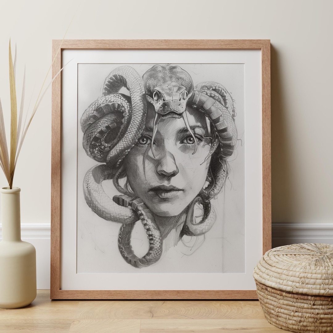 Medusa Art Print, Pencil Sketch Illustration of Powerful Snake Woman ...