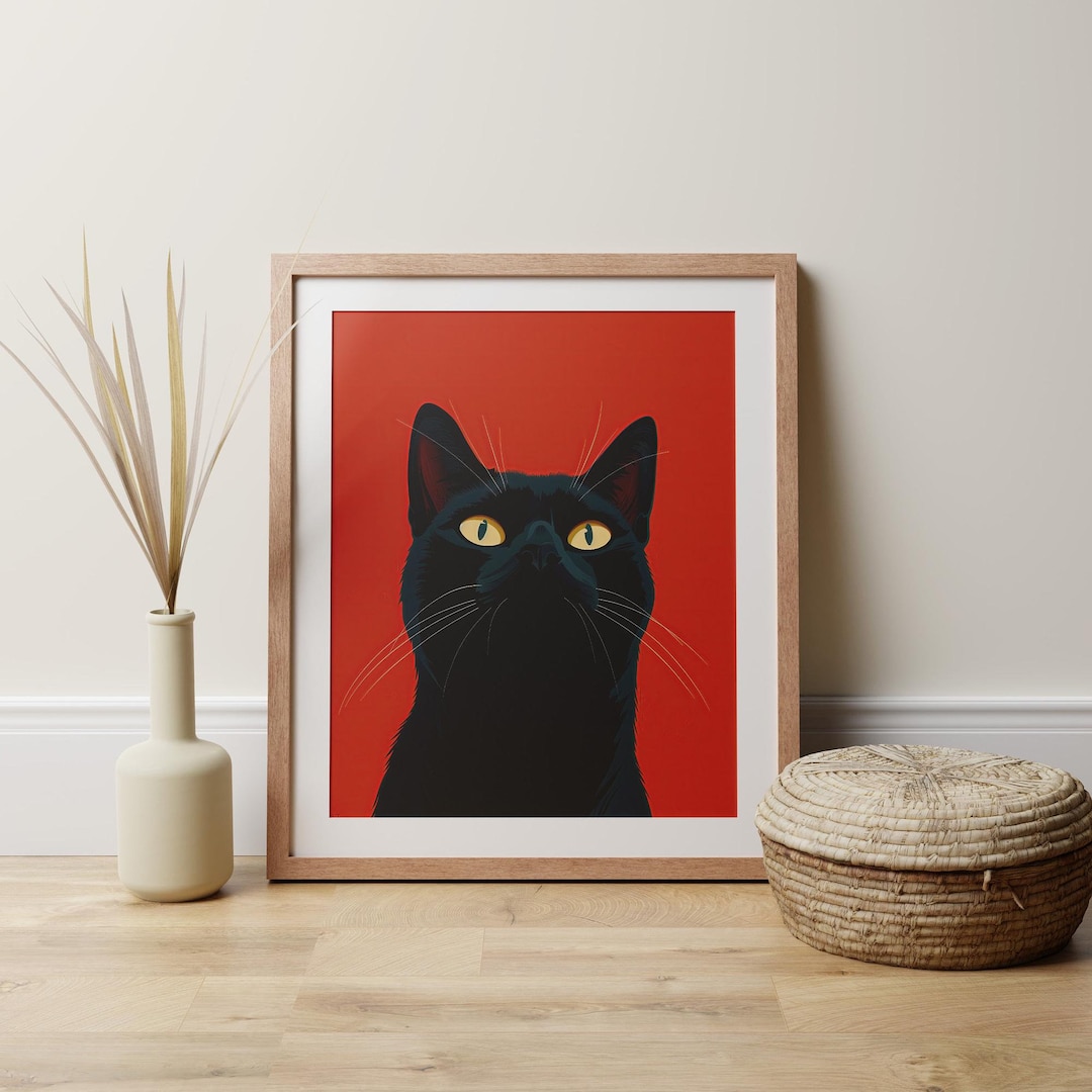 Black Cat Print, Bold Red Modern Feline Wall Art, Vibrant Home Decor - Etsy