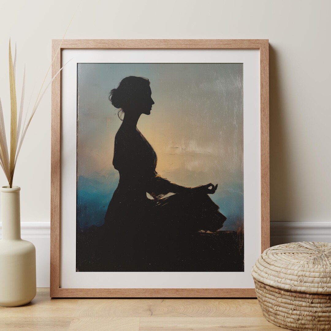 Mindful Woman Meditation Art Print, Sunset Silhouette, Boho Wellness ...