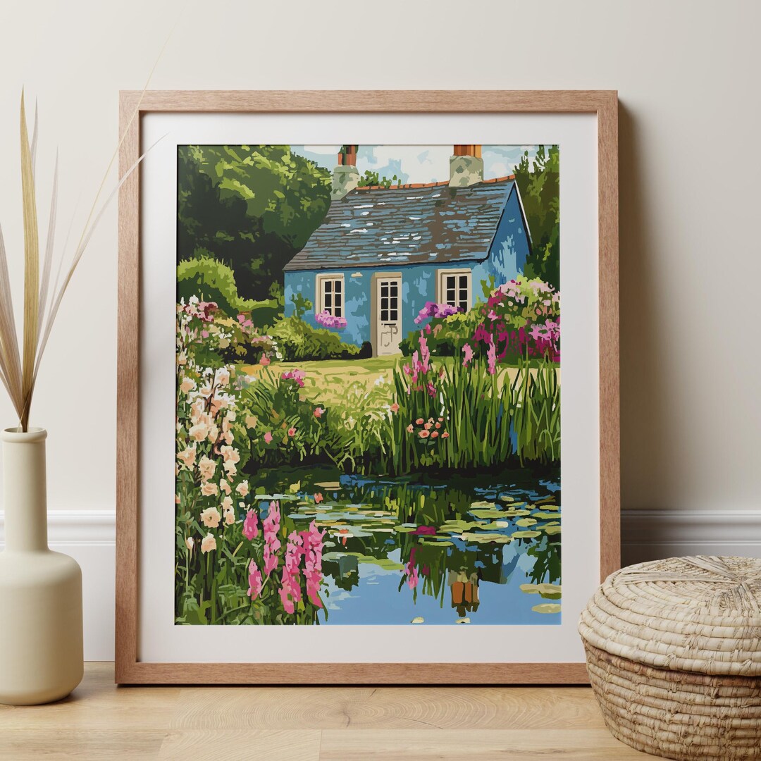Cottagecore Print Garden Pond Wall Art, English Country Cottage Garden ...
