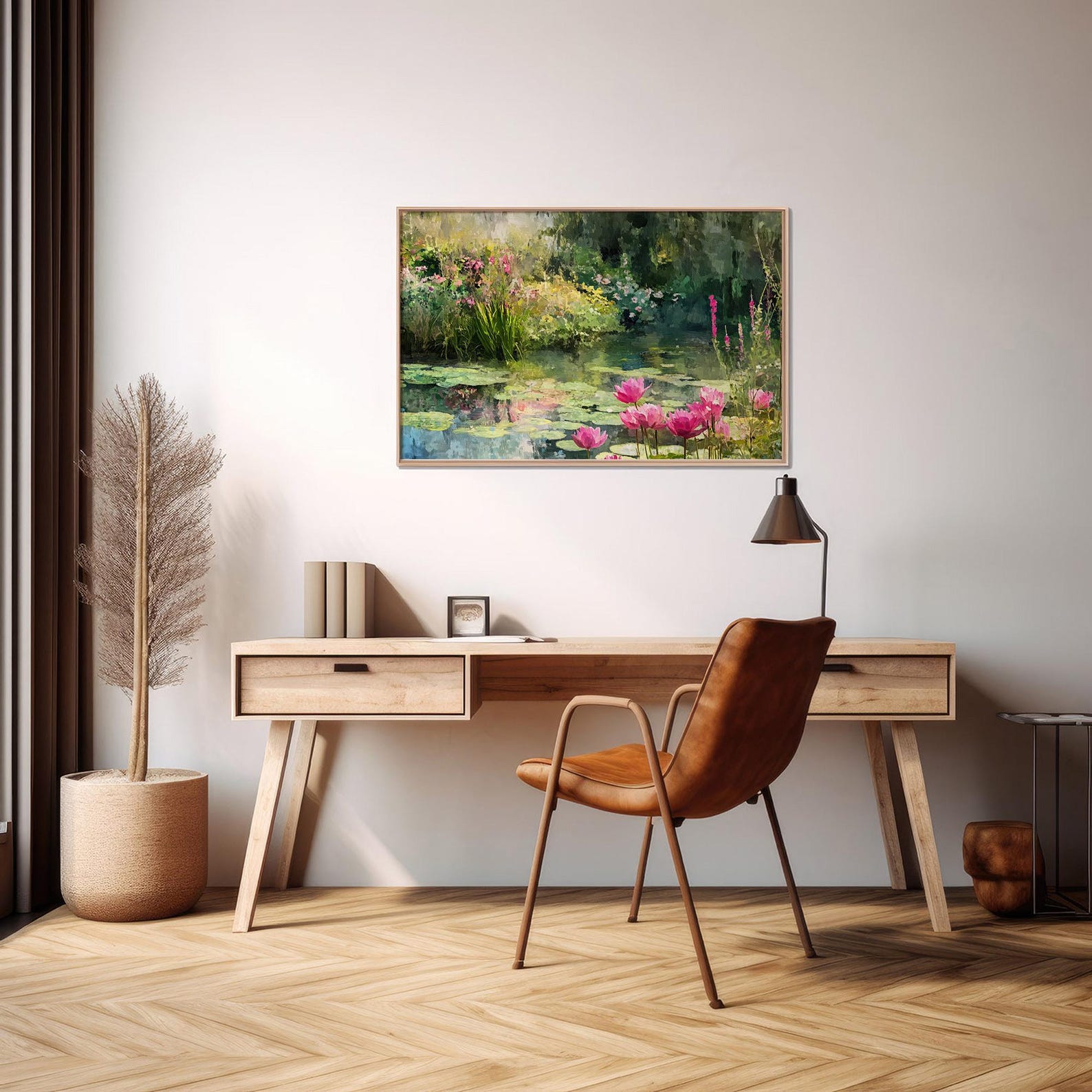 Impressionist Garden Pond Oil Painting, Pink Water Lillies Lake Art ...