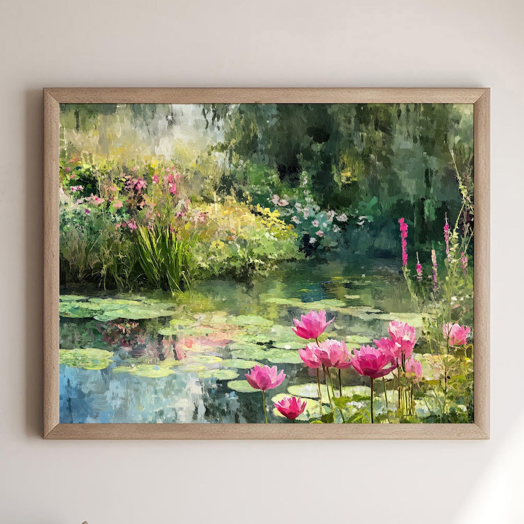 Impressionist Garden Pond Oil Painting, Pink Water Lillies Lake Art ...