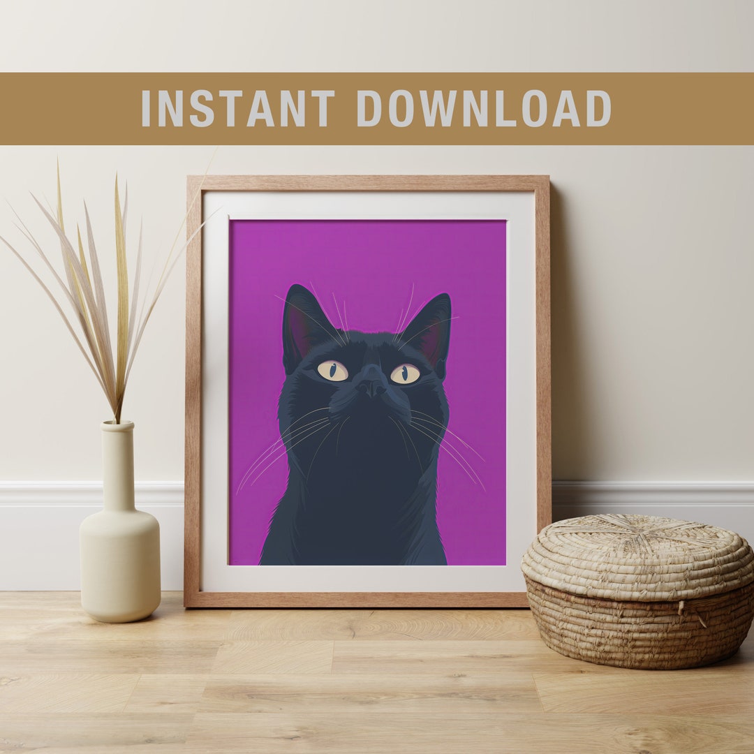 Black Cat Poster, Pink Animal Wall Art, Pet Portrait, Colourful Artwork ...