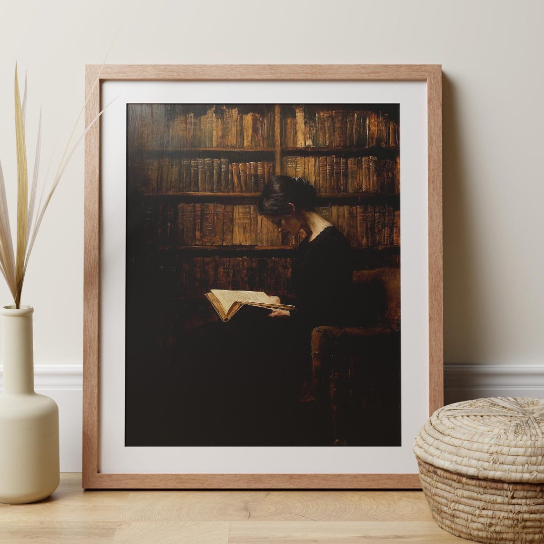 Young Woman Bookworm Dark Academia Print, Librariancore Wall Art ...