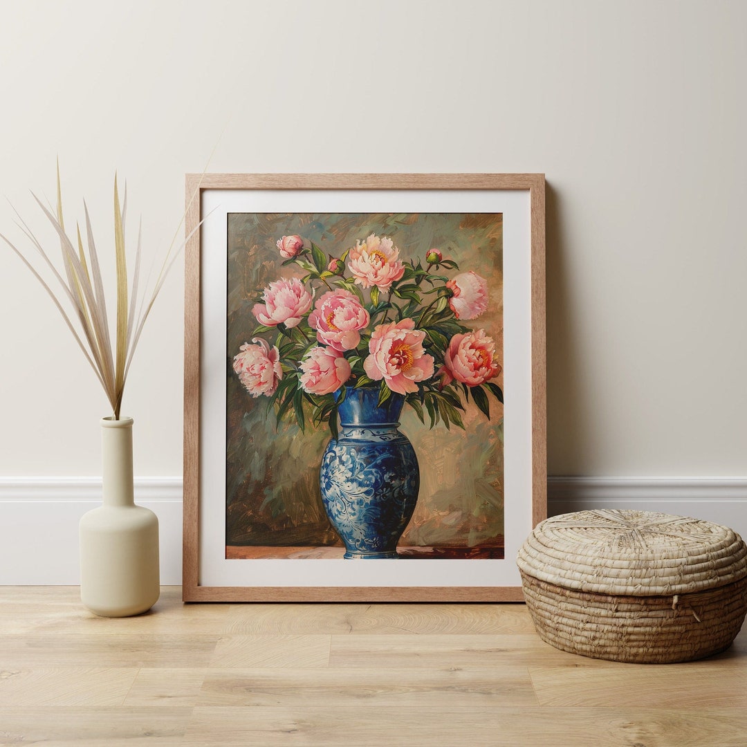 Victorian Peony Oil Painting Print, Elegant Classic Flower Bouquet Blue ...