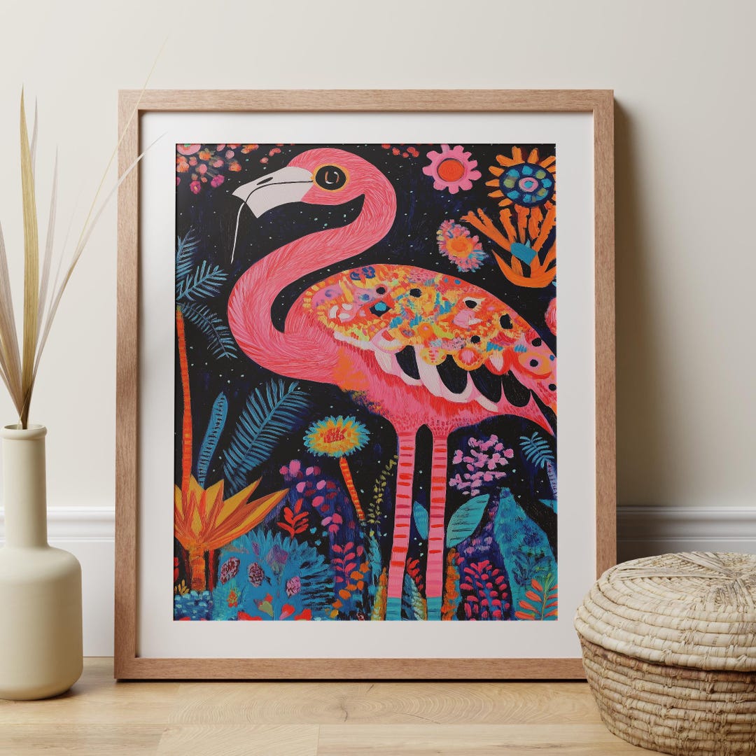 Flamingo Art Print, Pink Tropical Floral Bird Poster, Boho Home Decor ...