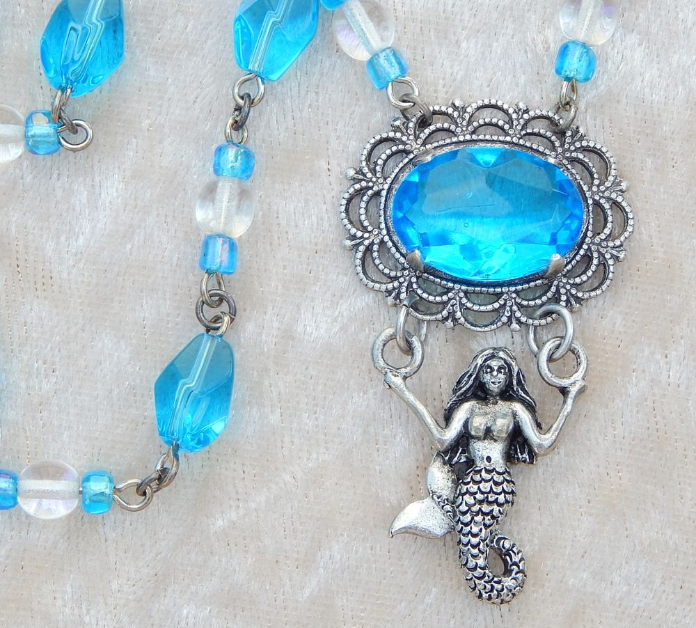 Aqua Mermaid- Antiqued Silver and Glass Beaded Necklace- N056 - Etsy
