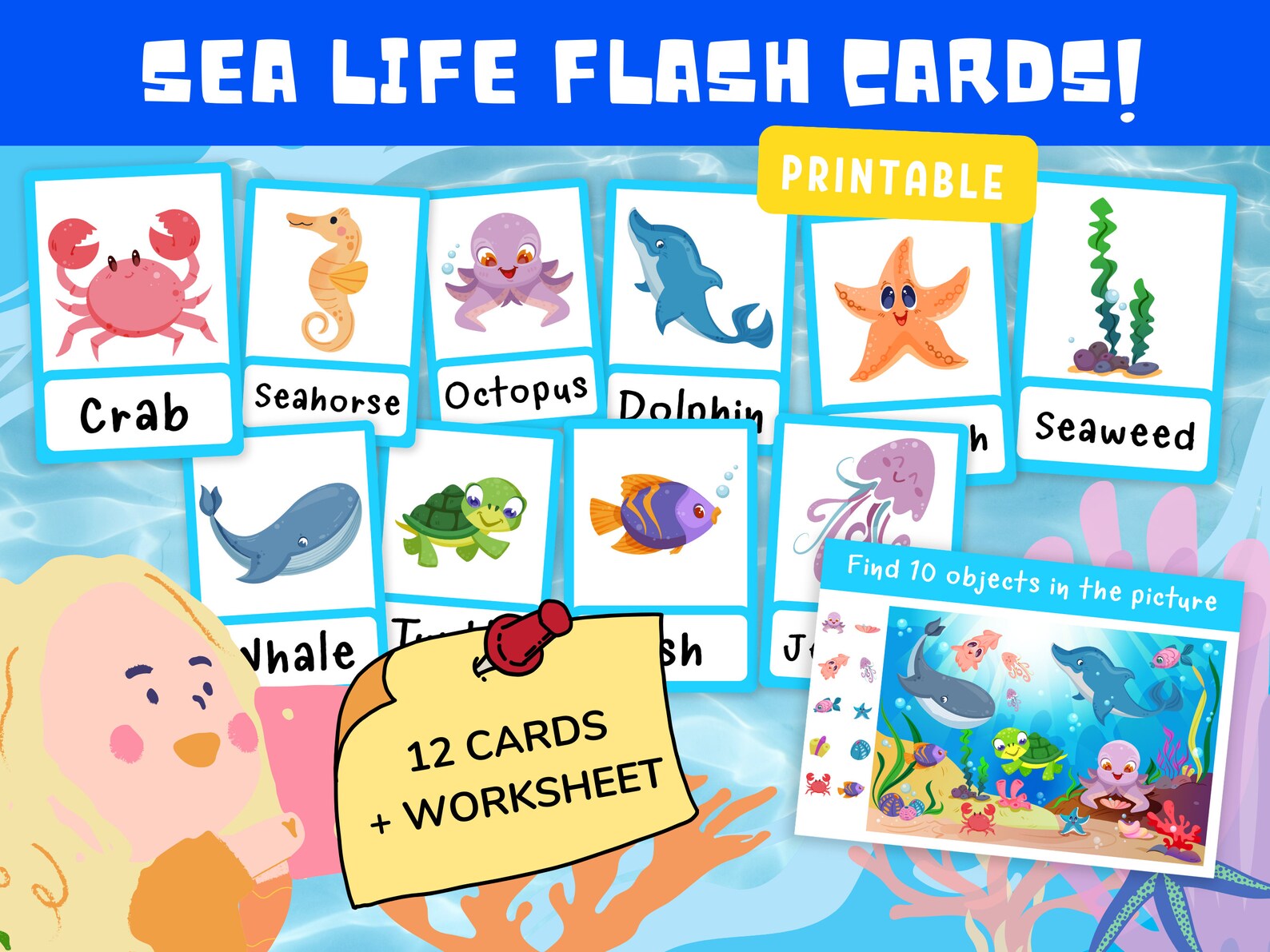 Explore the Ocean: 12 Sea Life Flashcards Worksheet Set, Instant ...