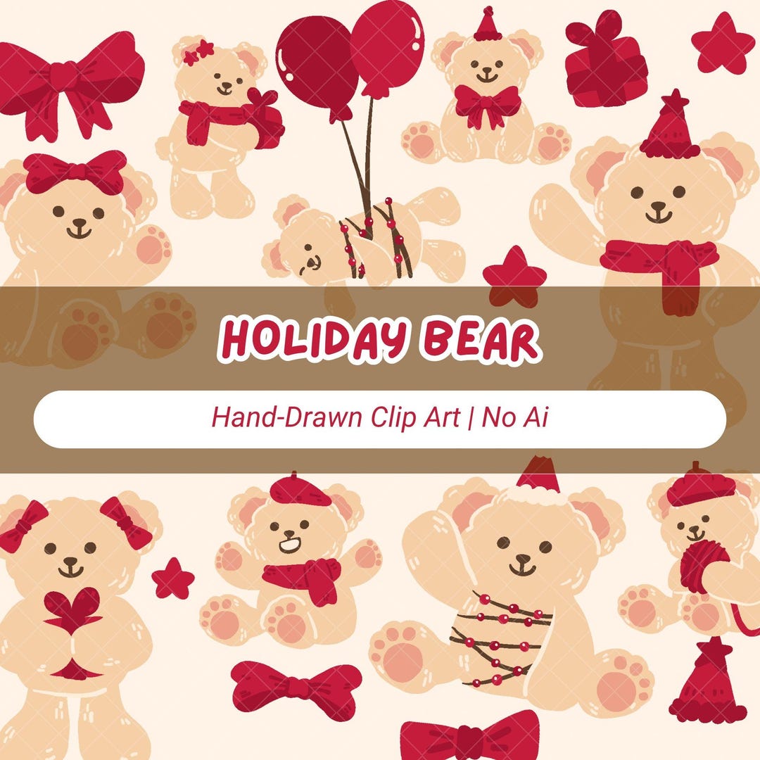 Hand Drawn Holiday Bear Clipart – Cute Christmas Bear Illustration for ...
