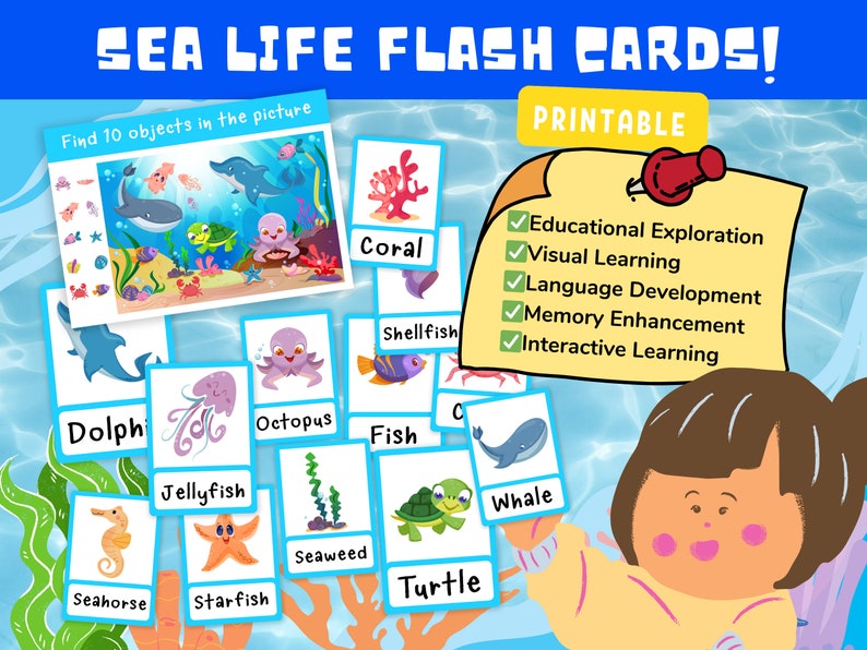 Explore the Ocean: 12 Sea Life Flashcards Worksheet Set, Instant ...