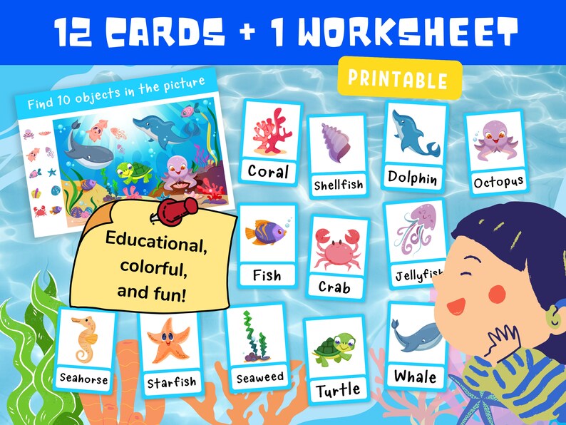 Explore the Ocean: 12 Sea Life Flashcards Worksheet Set, Instant ...